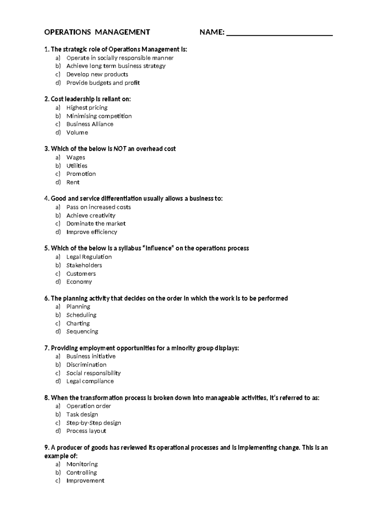 Operations Management Quiz V2: Key Concepts and Strategies - Studocu