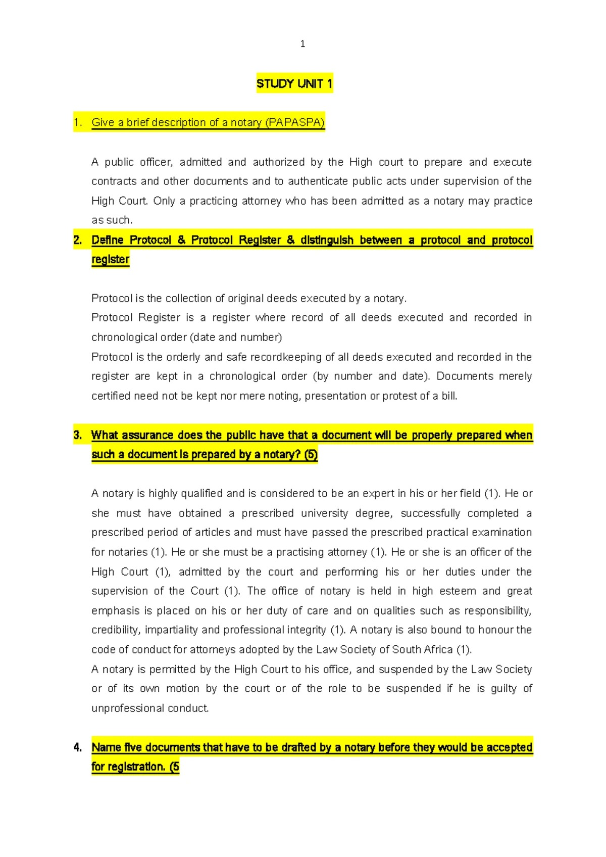 Notarial Summary Notes - STUDY UNIT 1 Give a brief description of a ...