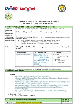 MATATAG CURRICULUM MATH 7 LESSON PLAN: PERCENTAGE APPLICATIONS - Studocu