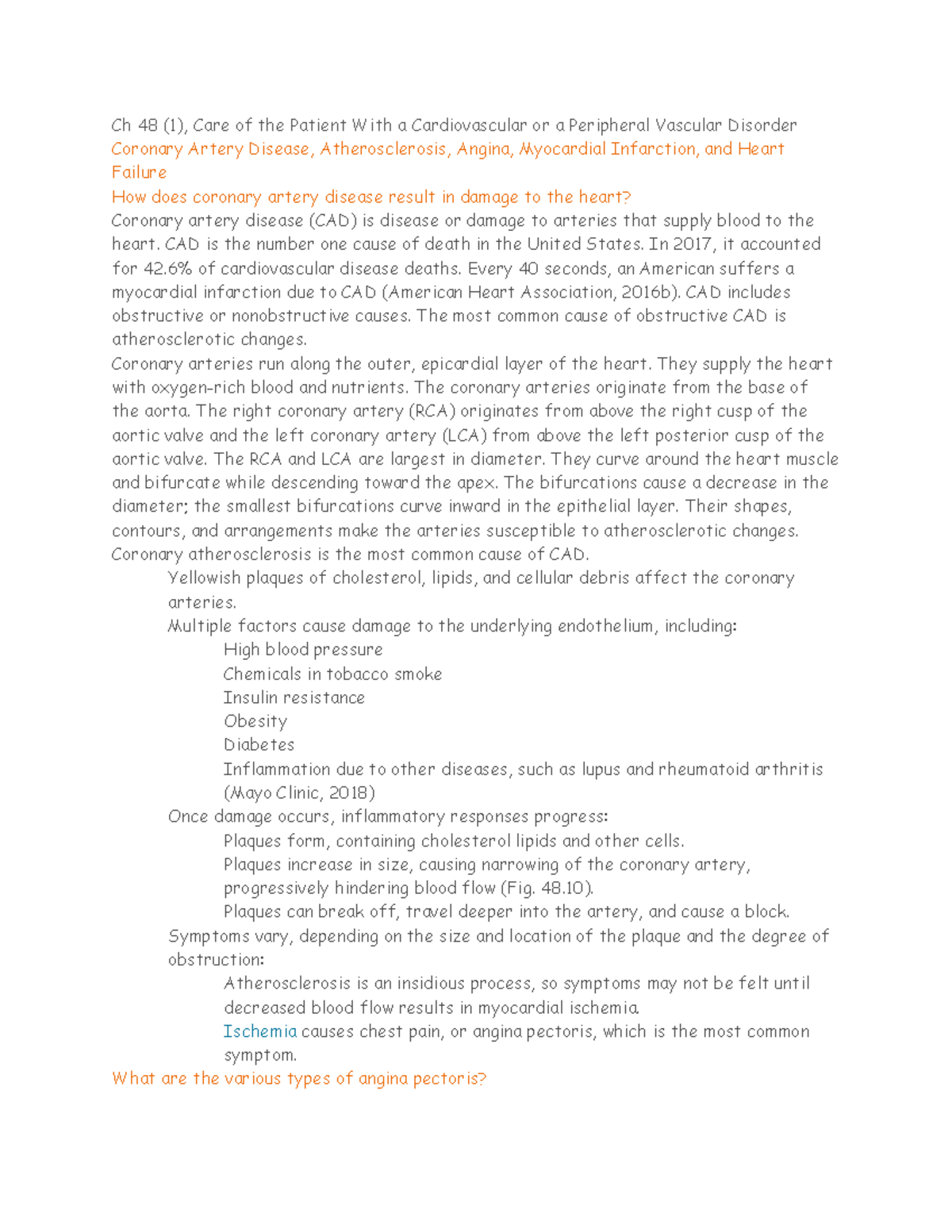 Ch 48 (2) - Care of Patients with CAD: Atherosclerosis, Angina, and MI ...