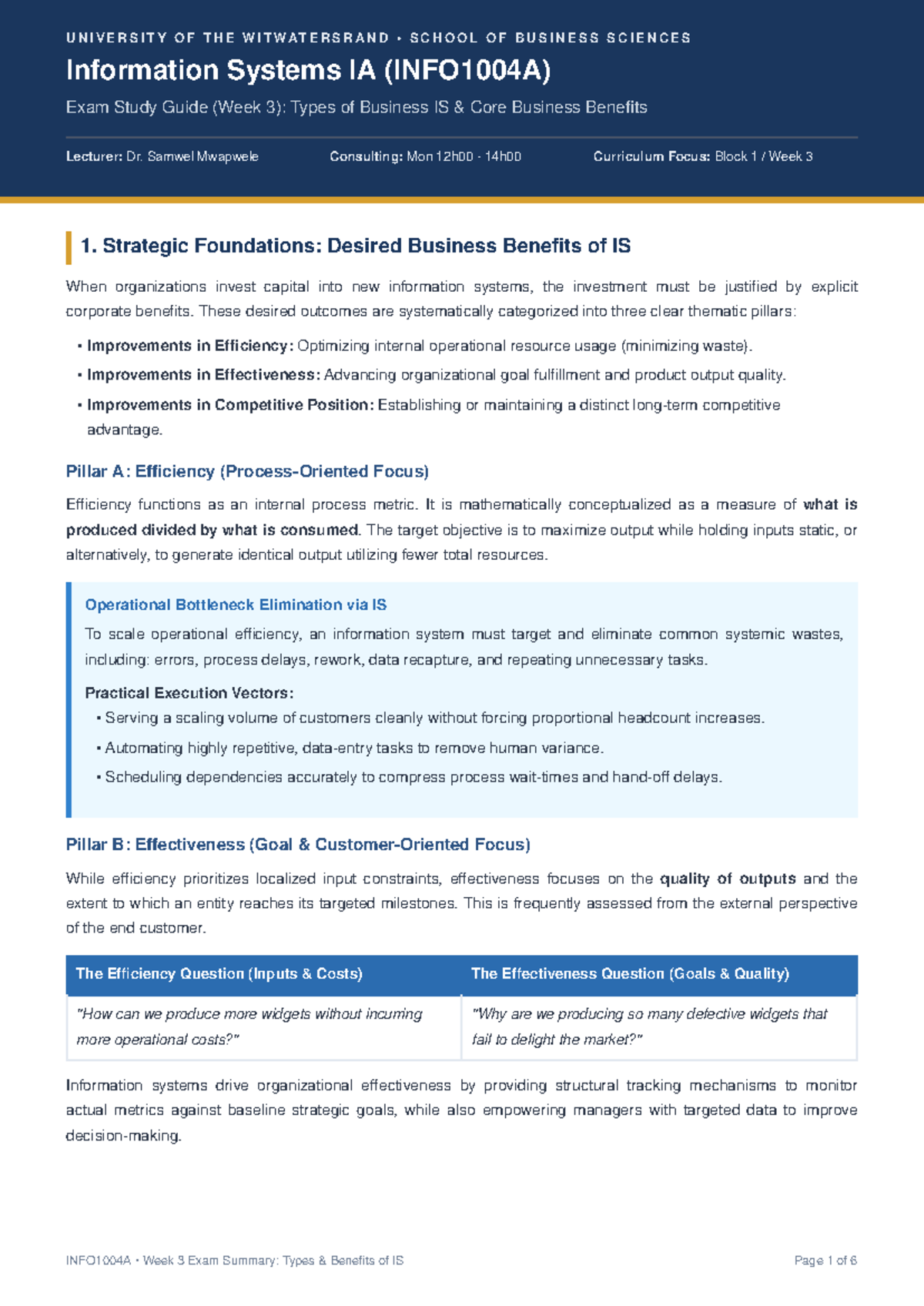INFO1004A Week 3 Exam Study Guide: Types & Benefits of IS - Studocu