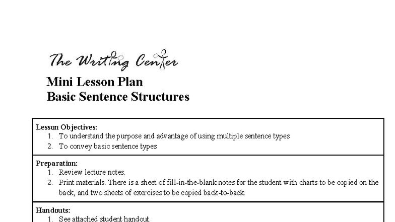 Workshop: Mini Lesson Plan on Basic Sentence Structures - Studocu