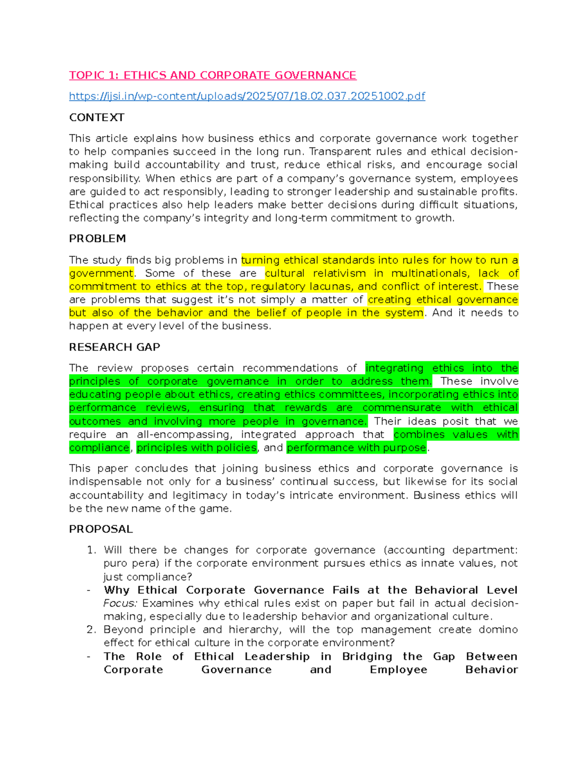 Ethics & Corporate Governance: Insights and Challenges (Course Code ...