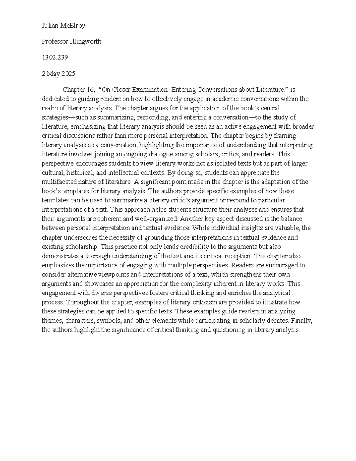1302.239 Chapter 16: Engaging in Literary Conversations - Studocu