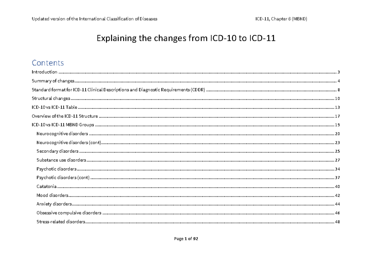 Updated Changes in ICD-10 to ICD-11: Chapter 6 (MBND) Overview - Studocu