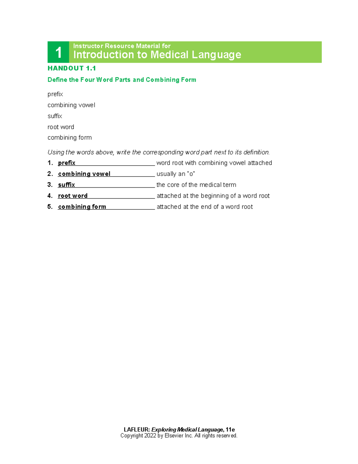 Chapter 1: Introduction to Medical Language - Word Parts & Definitions ...