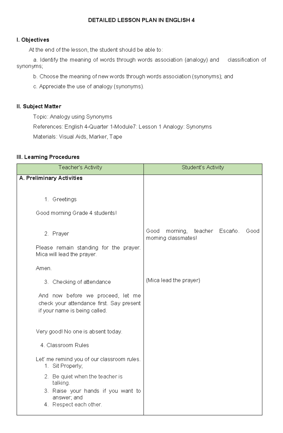 7Es Final Lesson Plan on Analogy & Synonyms for English 4 - Studocu