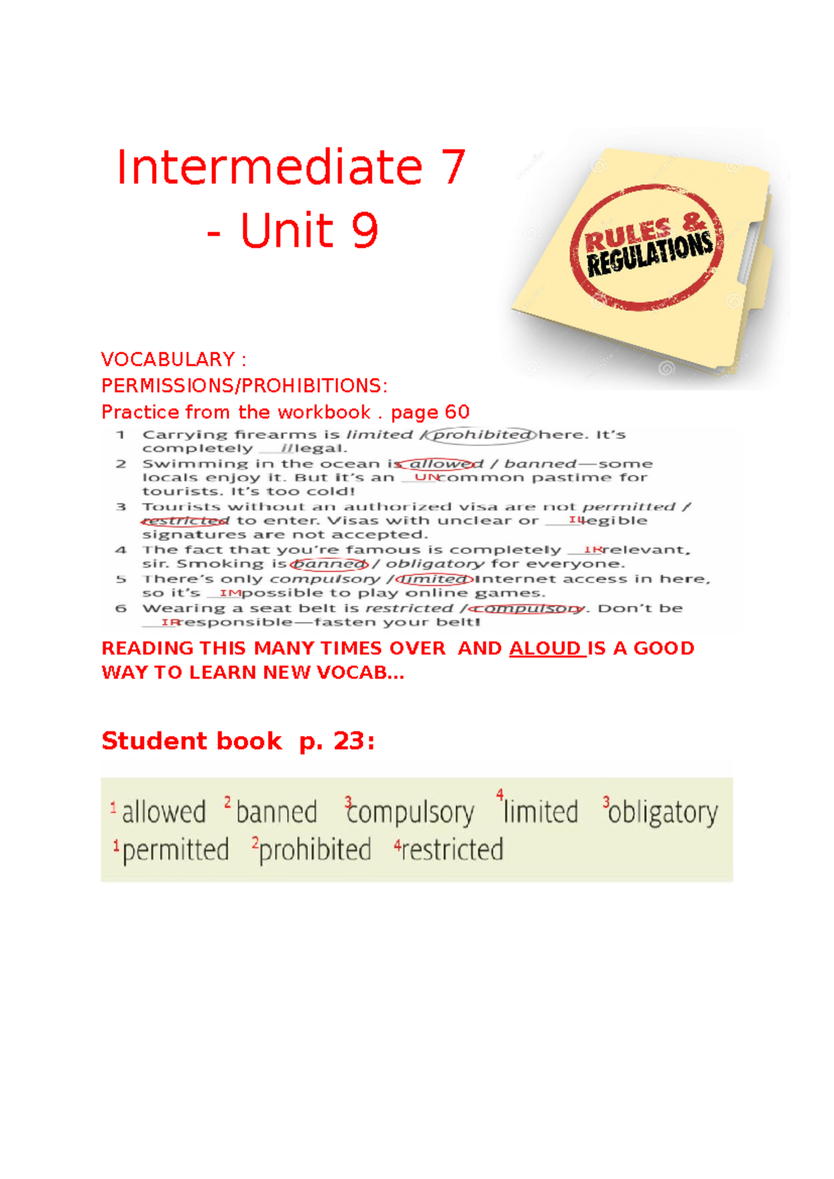 Material Extra Intermediate 7 UNIT 9 Activities - Intermediate 7 - Unit ...