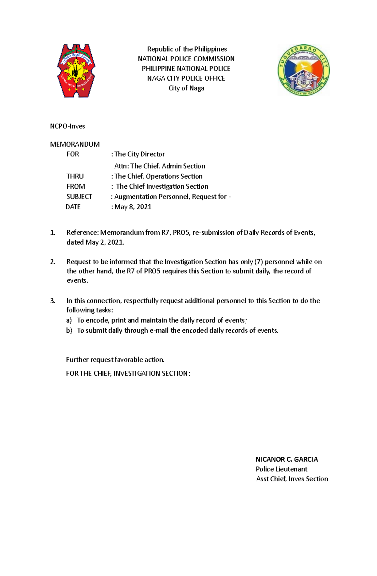 PNP Memorandum Format: Request for Augmentation Personnel - Studocu