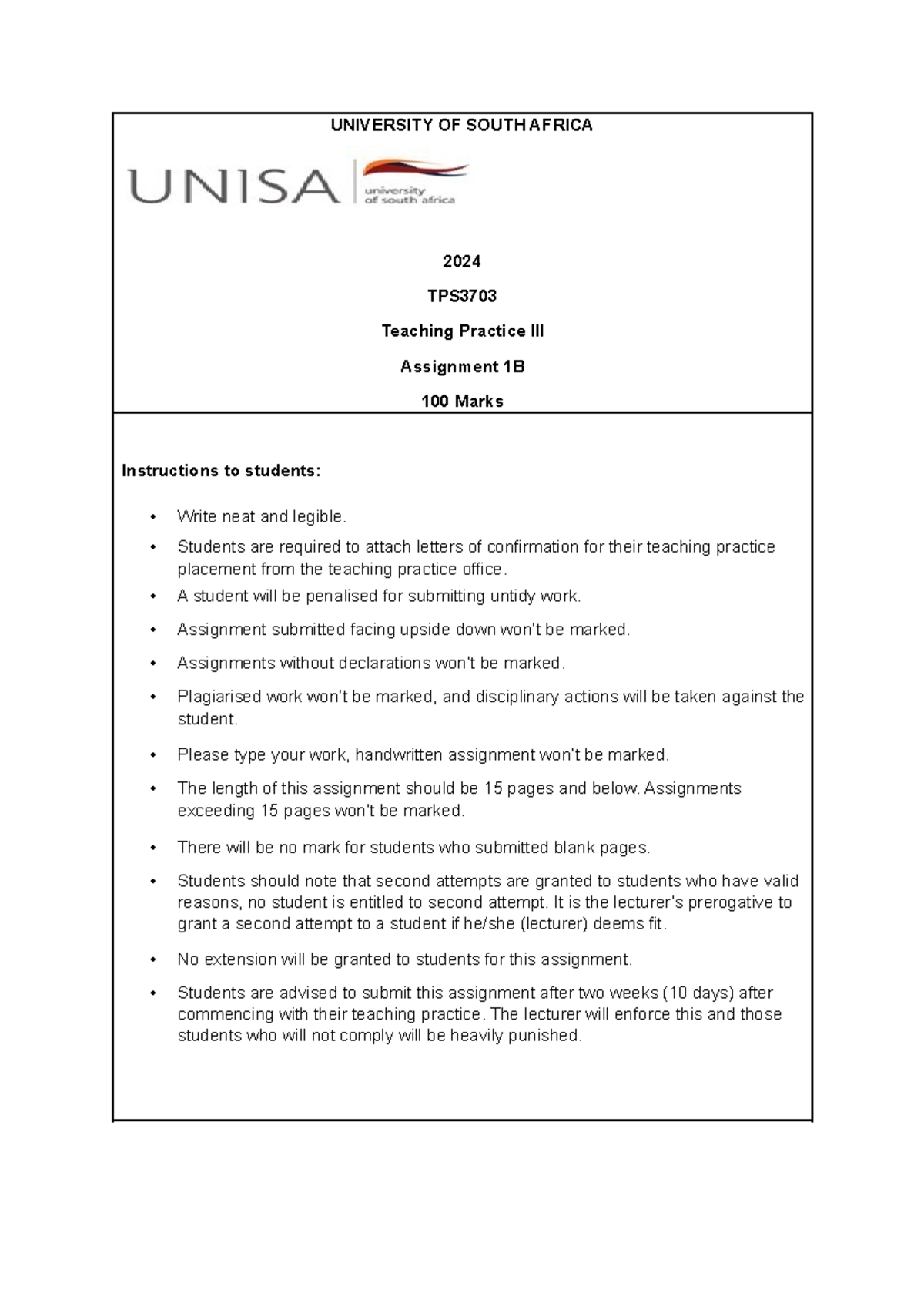 TPS3703 Teaching Practice III Assignment 1B Guidelines 2024 - Studocu