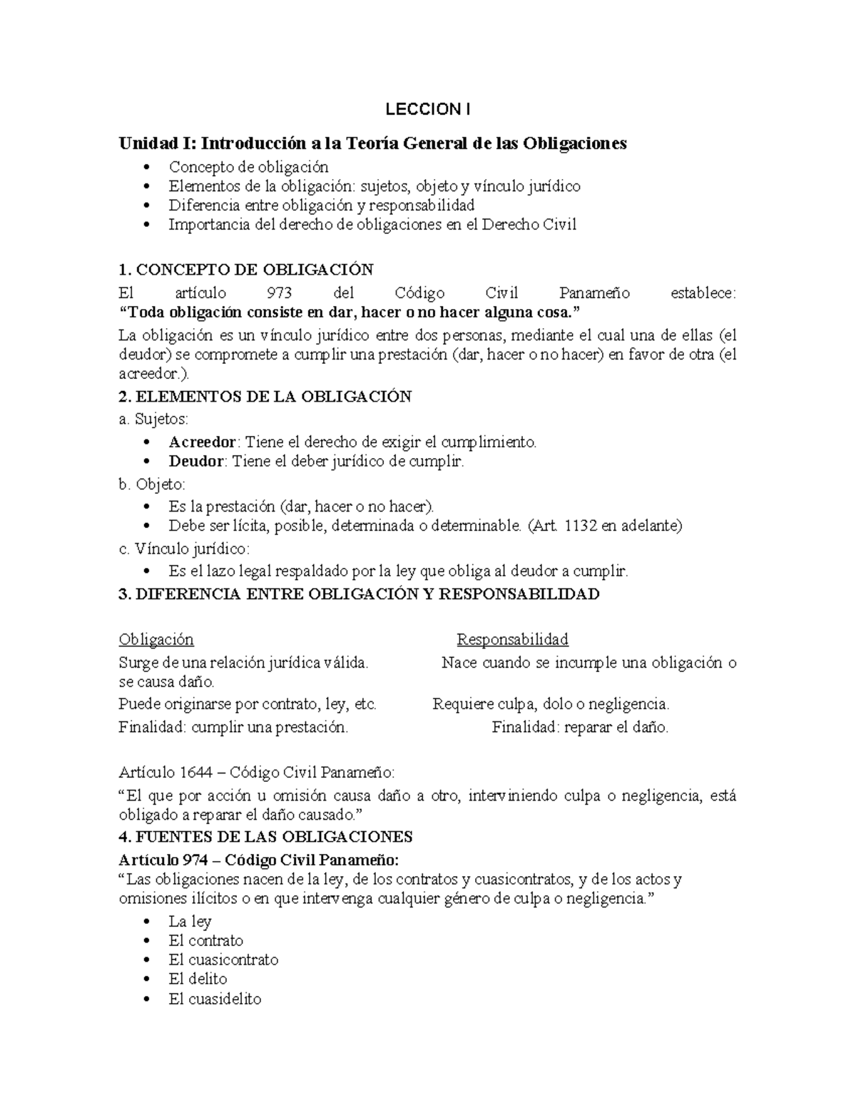Lección I: Introducción a la Teoría General de las Obligaciones - Studocu