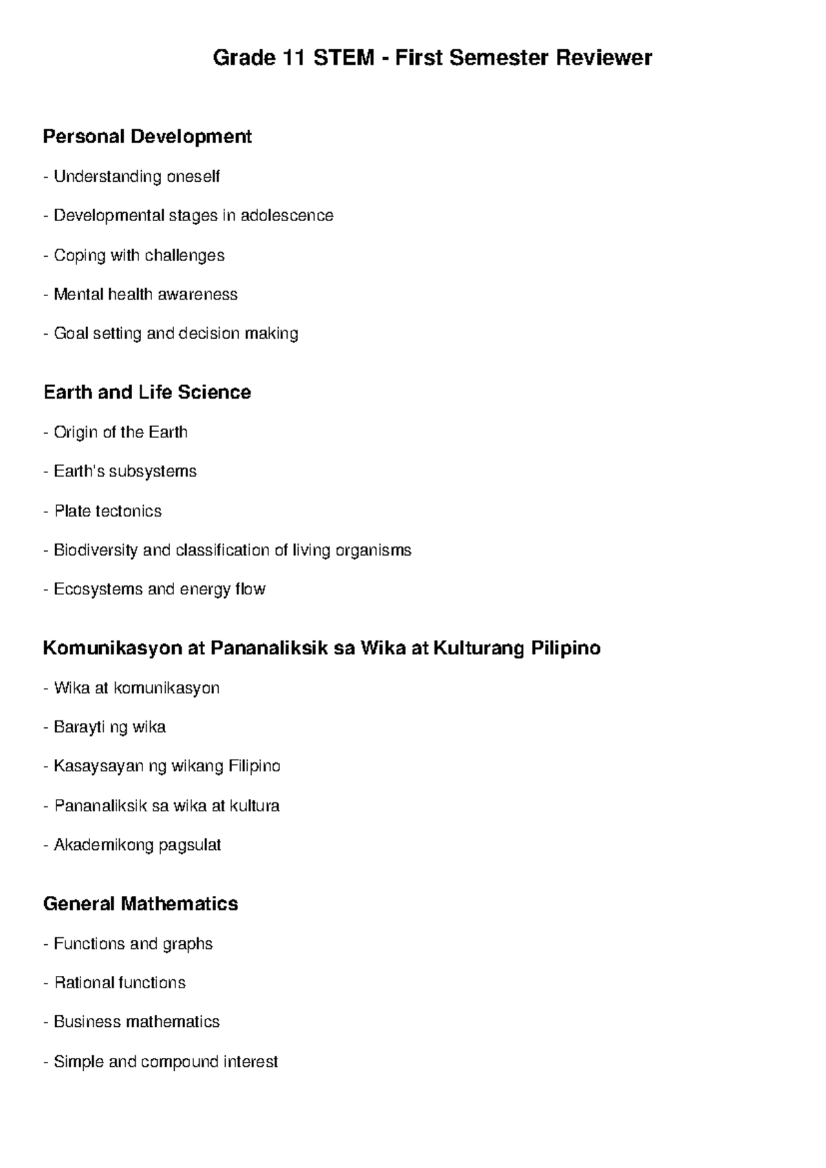 Grade 11 STEM First Semester Comprehensive Reviewer's Guide - Studocu
