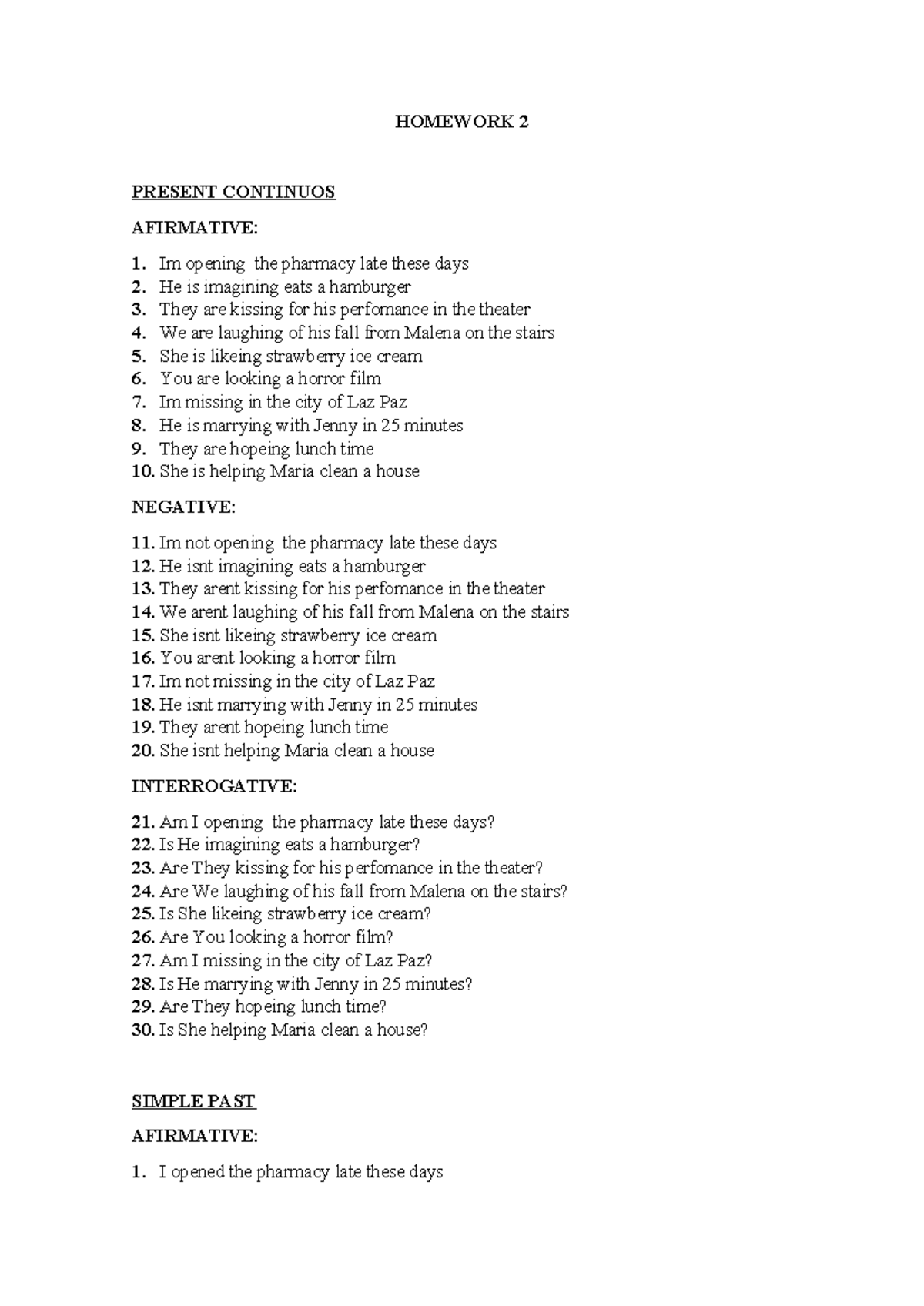 Homework 2 - Present Continuous & Simple Past Exercises - INGLES - Studocu