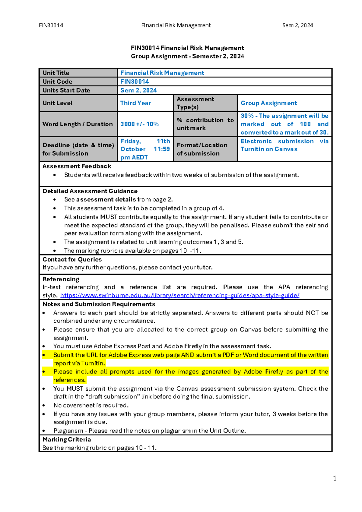 FIN30014 Financial risk management group assignment guidelines Sem 2 ...