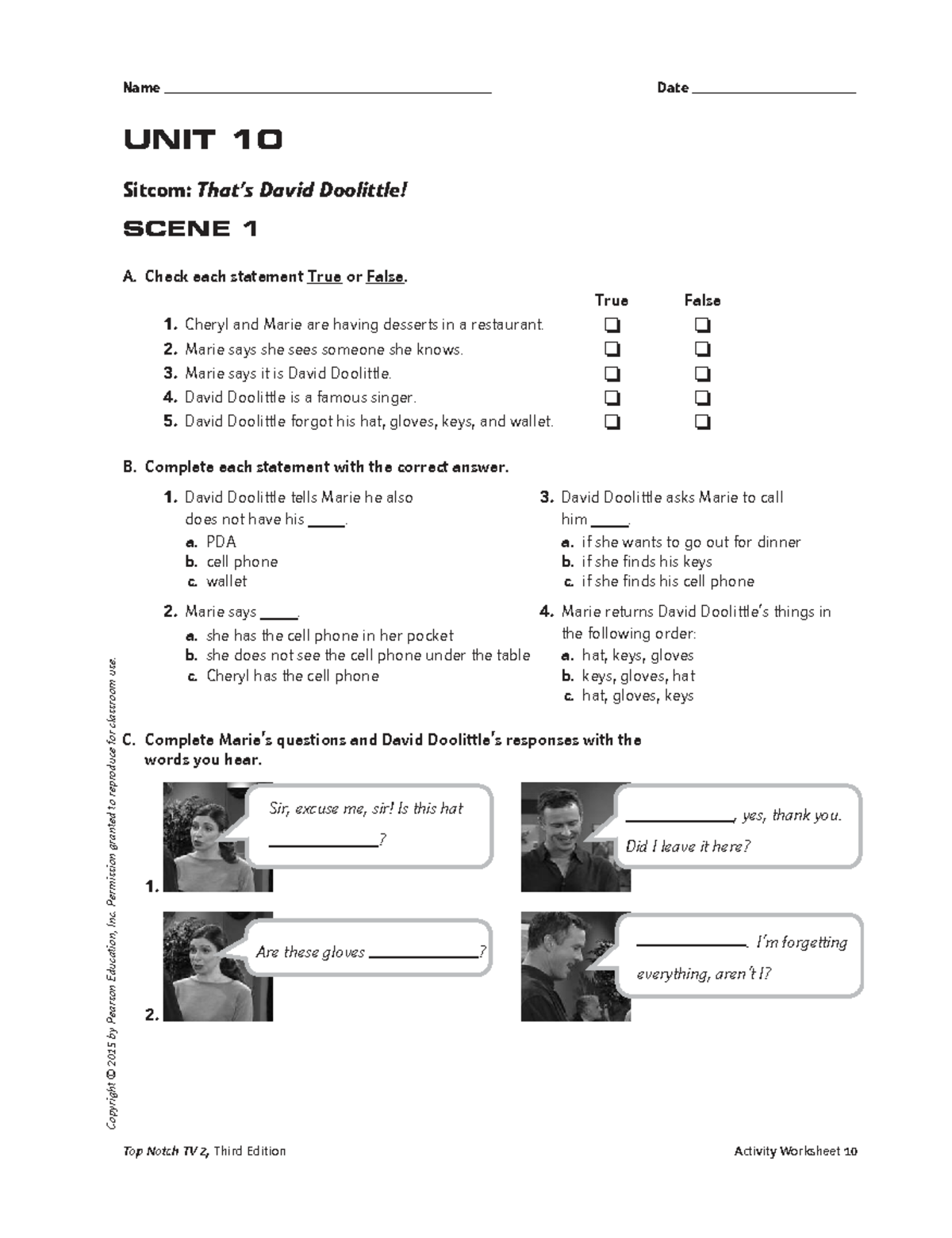 Unit 10 TV Activity Worksheets: David Doolittle Sitcom Scenes Analysis ...