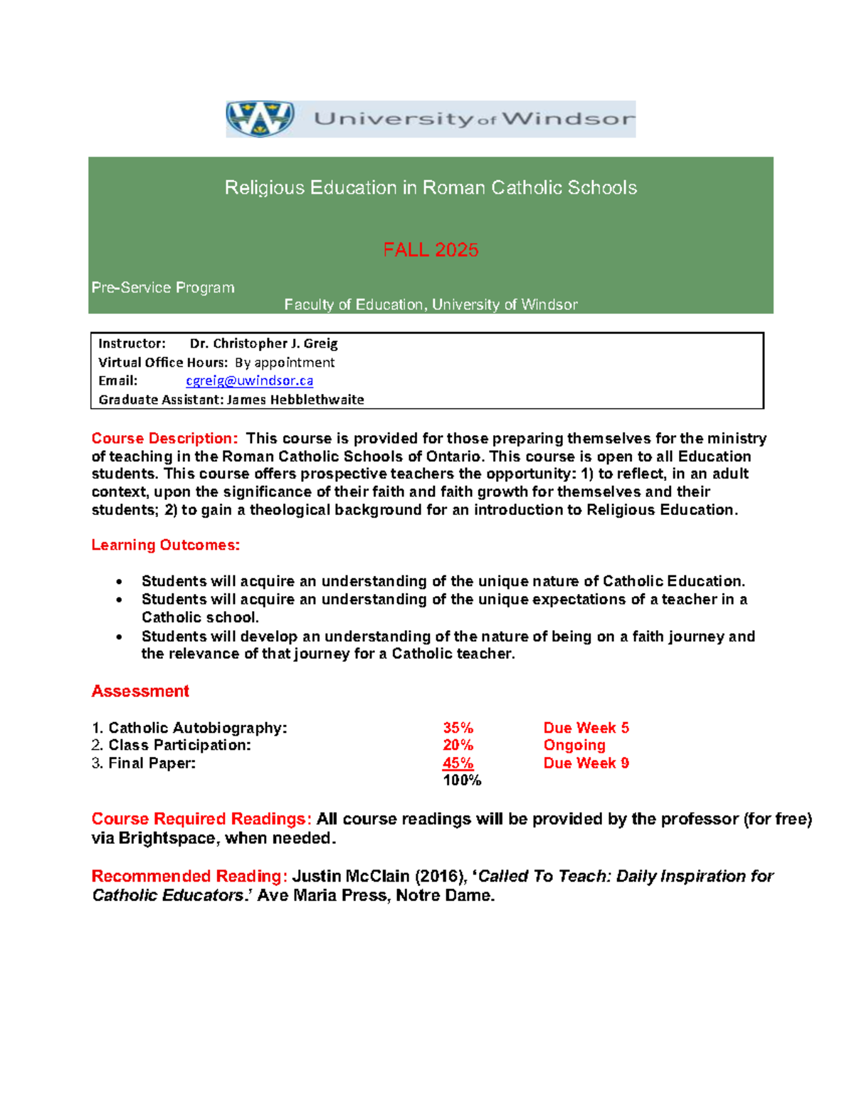 Religious Education Course Outline (EDUC 2025) - Fall 2025 - Studocu