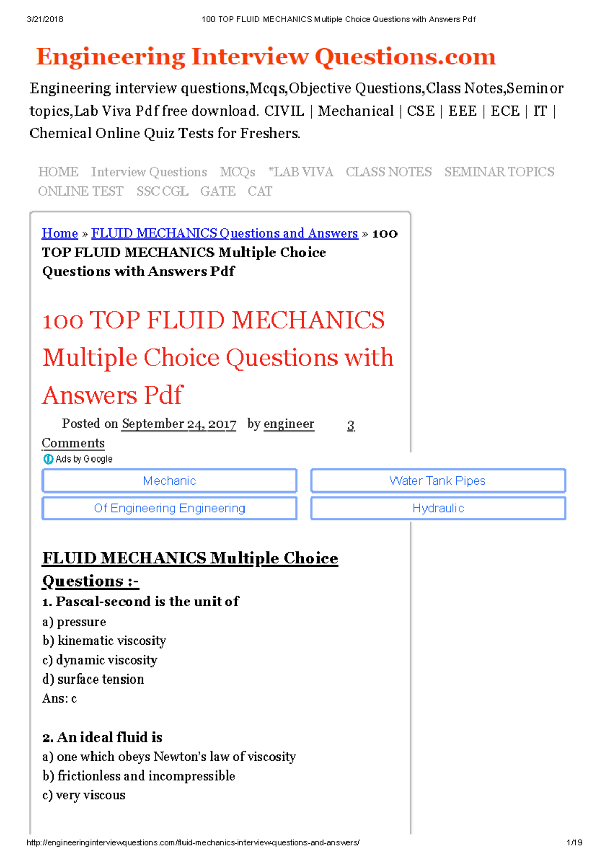 100 Top Fluid Mechanics MCQs with Answers - Comprehensive Guide - Studocu
