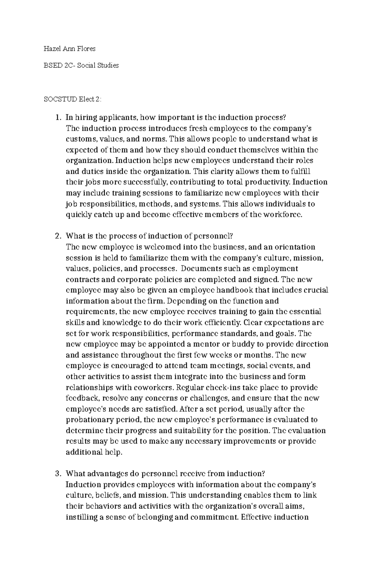 BSED 2C - SOCSTUD Elect 2: Induction Process Overview and Benefits ...