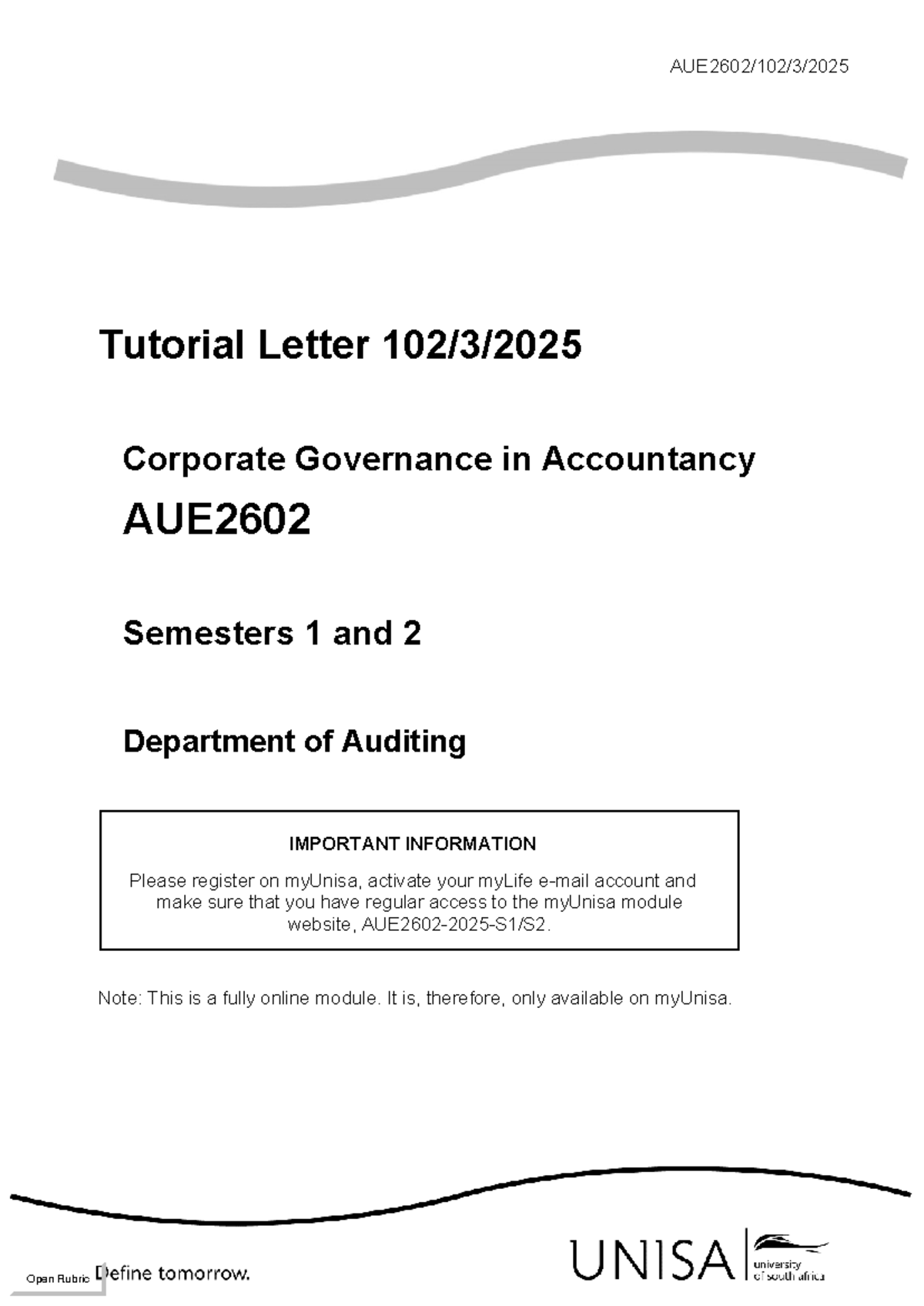 AUE2602 Tutorial Letter: Corporate Governance in Accountancy 2025 - Studocu
