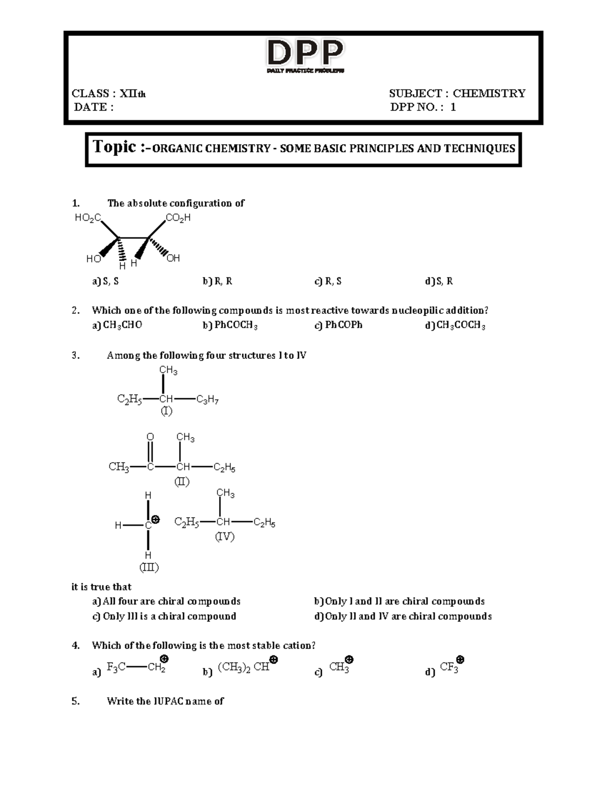 Organic Chemistry - XII DPP 1: Basic Principles & Techniques - Studocu