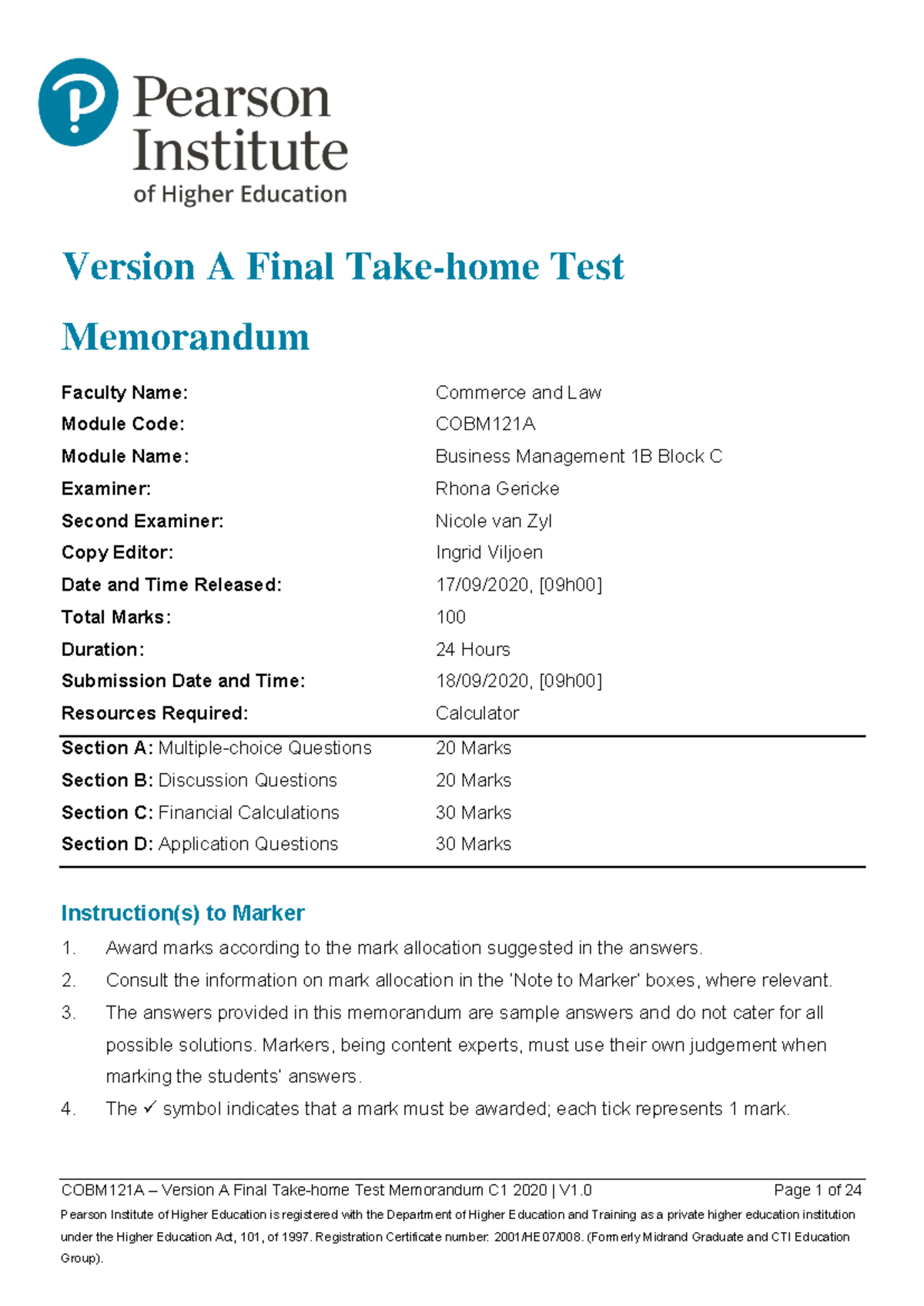 COBM121A Final Take-home Test Memorandum Version A 2020 - Studocu