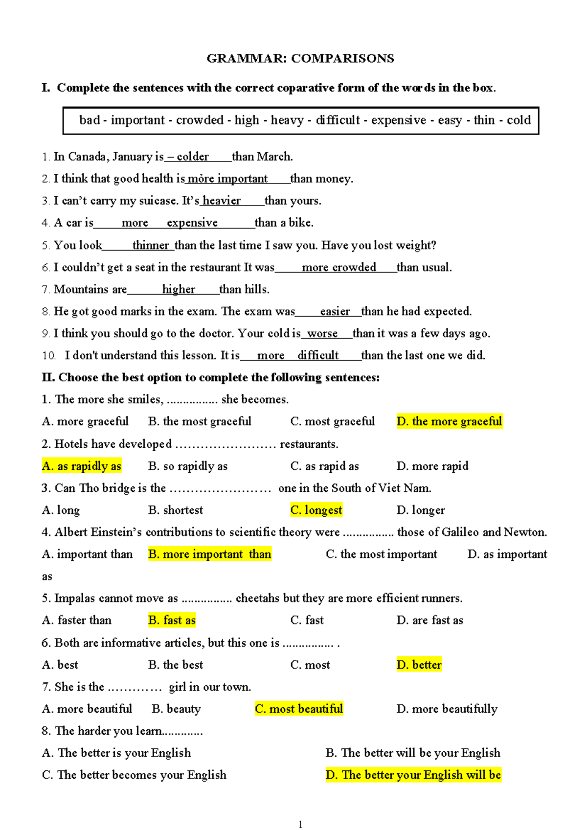 GRAMMAR: COMPARISONS I - Week 24 HCM Uni Exercises - Studocu