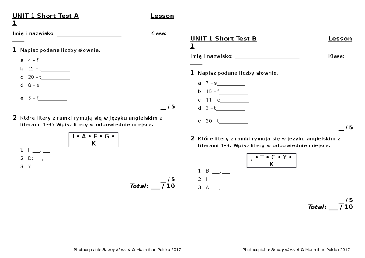 Brainy kl4 Short Tests Unit 1 Lesson 1 & 2 Review - Studocu