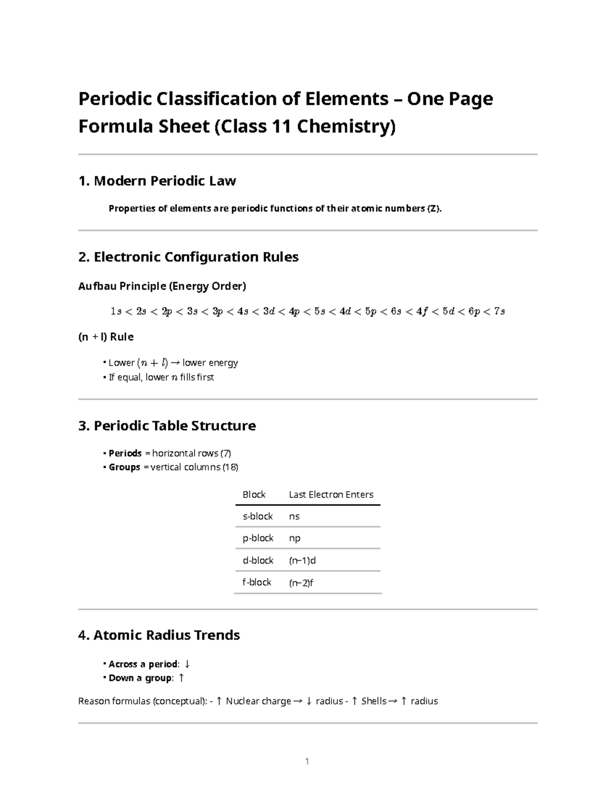 Class 11 Chemistry – Periodic Classification One Page Formula Sheet ...