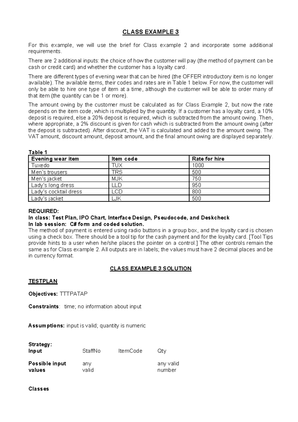 Class Example 3: Evening Wear Hire Calculation & Test Plan - Studocu