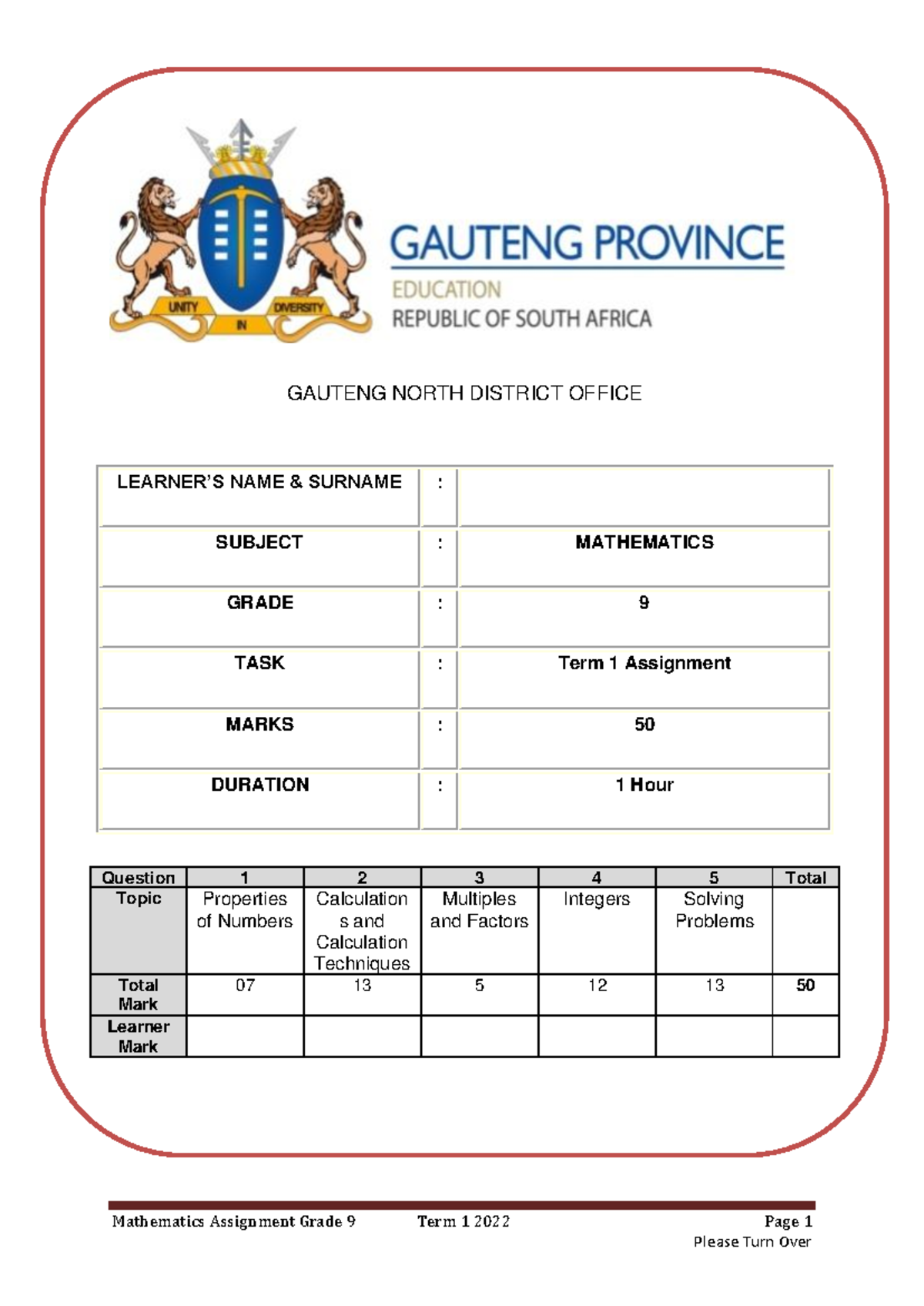 Mathematics Grade 9 Term 1 Assignment (GAUTENG NORTH) - Studocu