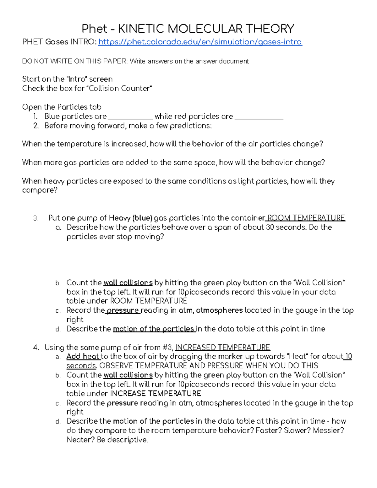 PHET Gases Kinetic Molecular Theory Experiment Analysis - Studocu