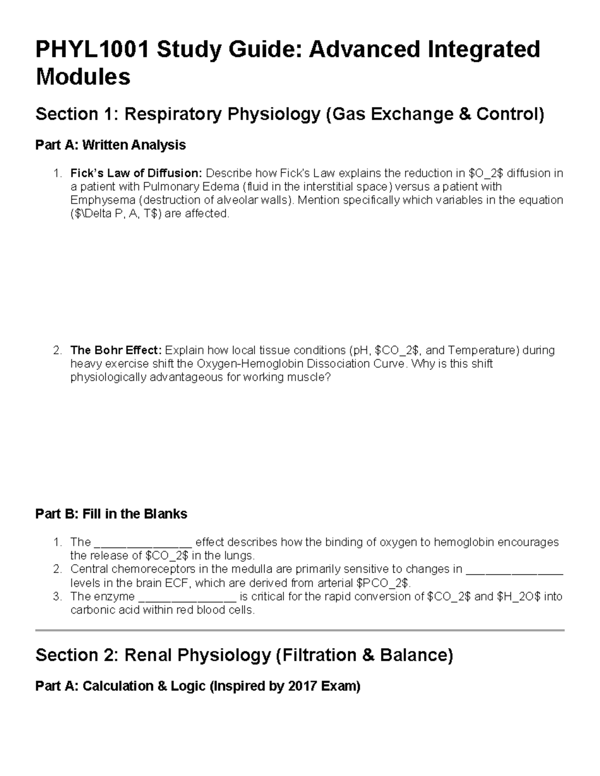 PHYL1001 Study Guide: Advanced Respiratory & Renal Physiology - Studocu