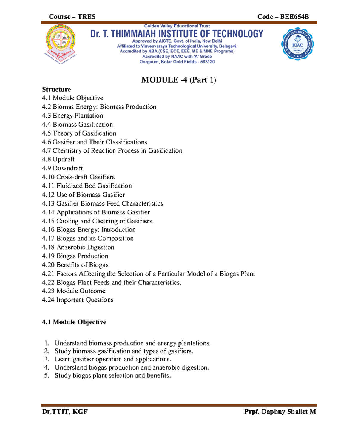Course TRES Code BEE654B: Biomass Energy Production & Gasification ...