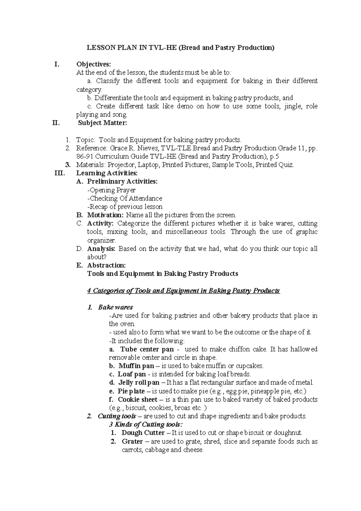 TVL-HE Lesson Plan: Tools & Equipment in Baking Pastry Production - Studocu