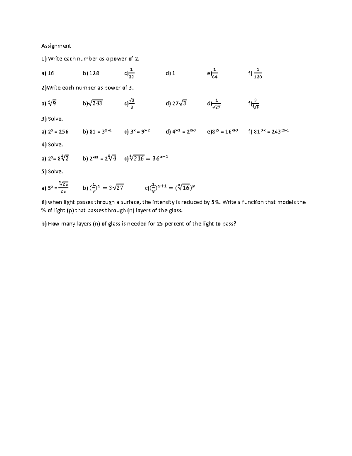 Chapter 7 Assignments: Powers of 2 and Logarithmic Expressions - Studocu