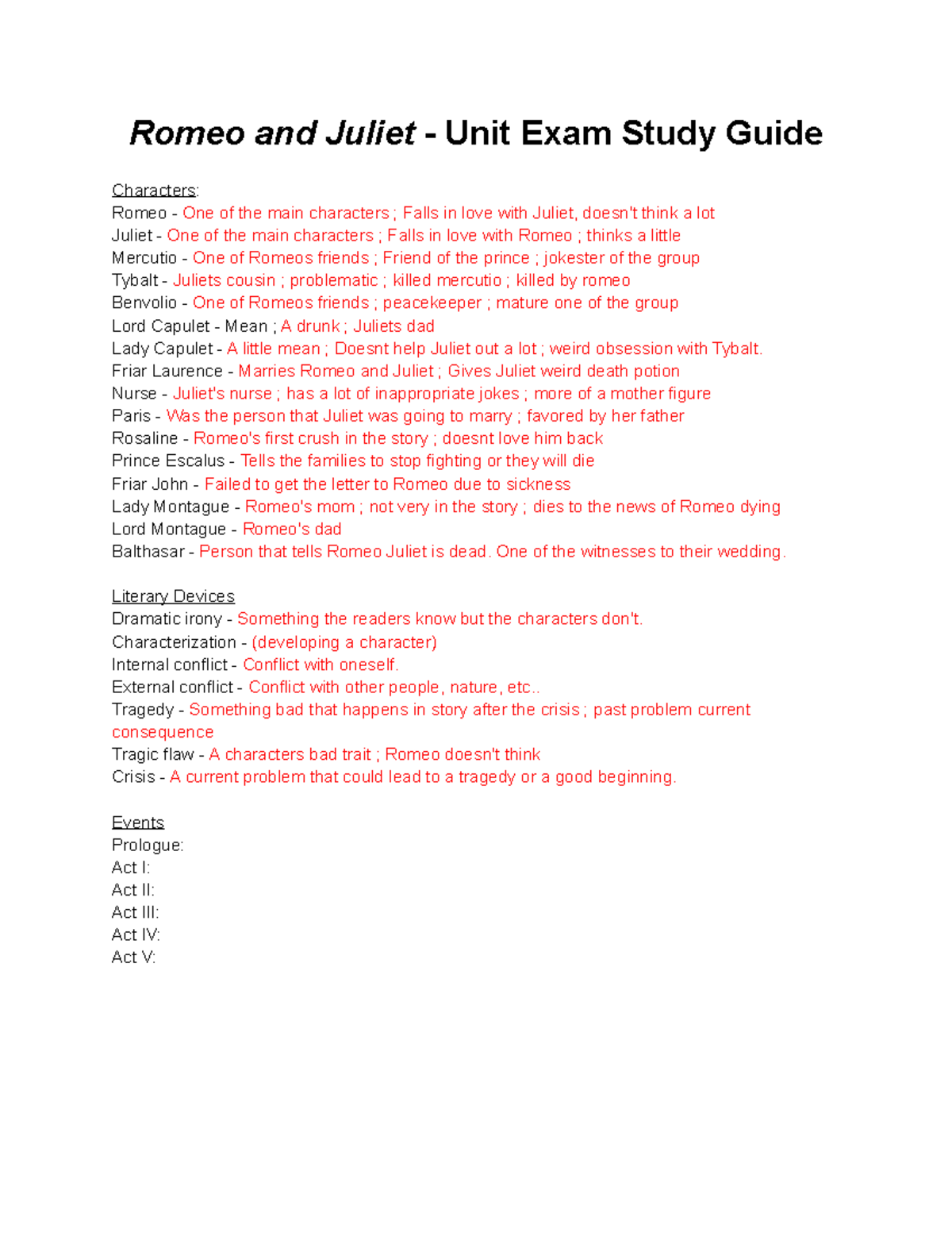 Romeo and Juliet - Unit Exam Study Guide (Fill In) - Romeo and Juliet ...