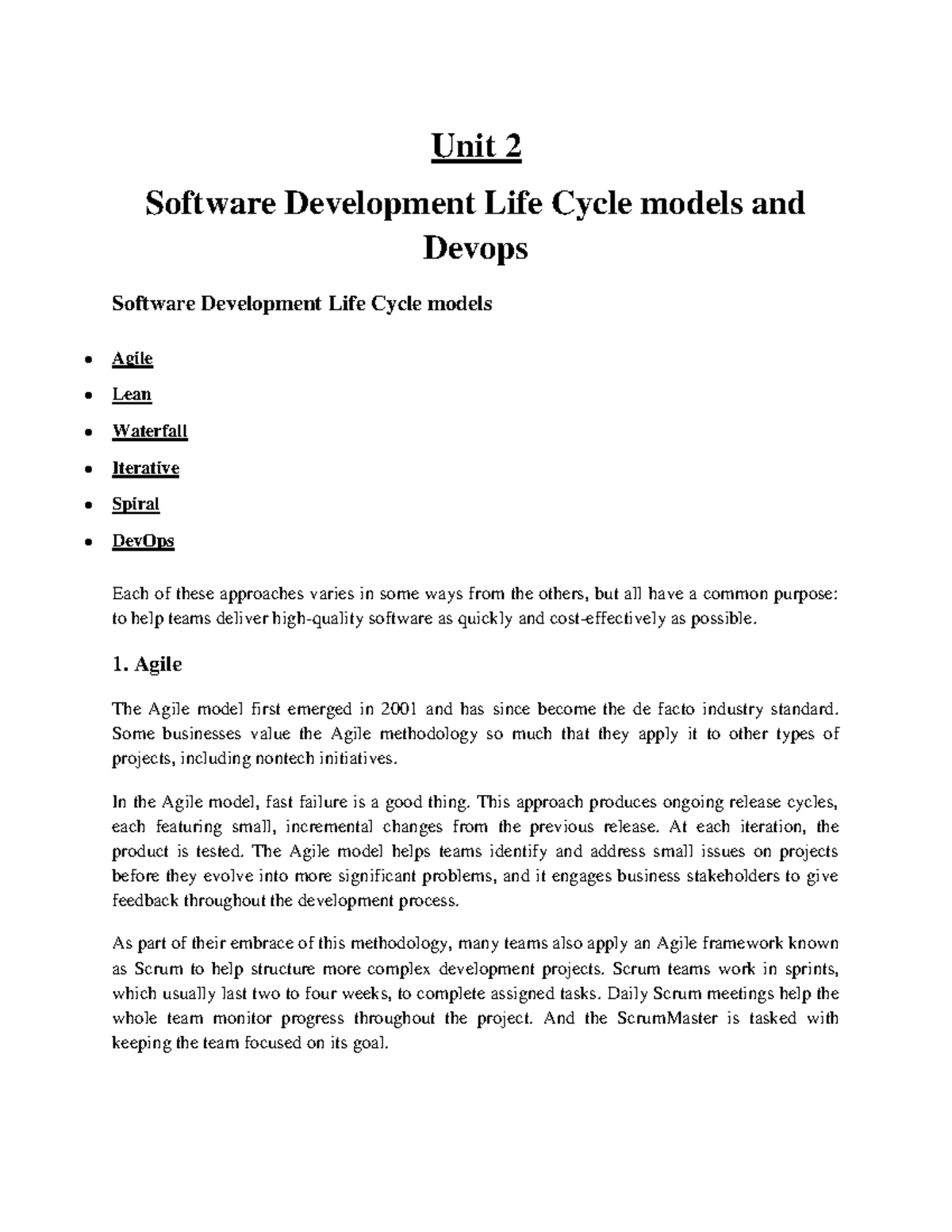 Unit 2: SDLC Models & DevOps Overview - Agile, Lean, Waterfall ...