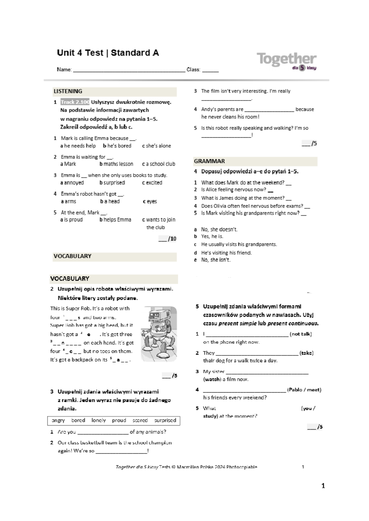 Unit 4 Test Standard A: Listening and Grammar Exercises for 5th Grade ...