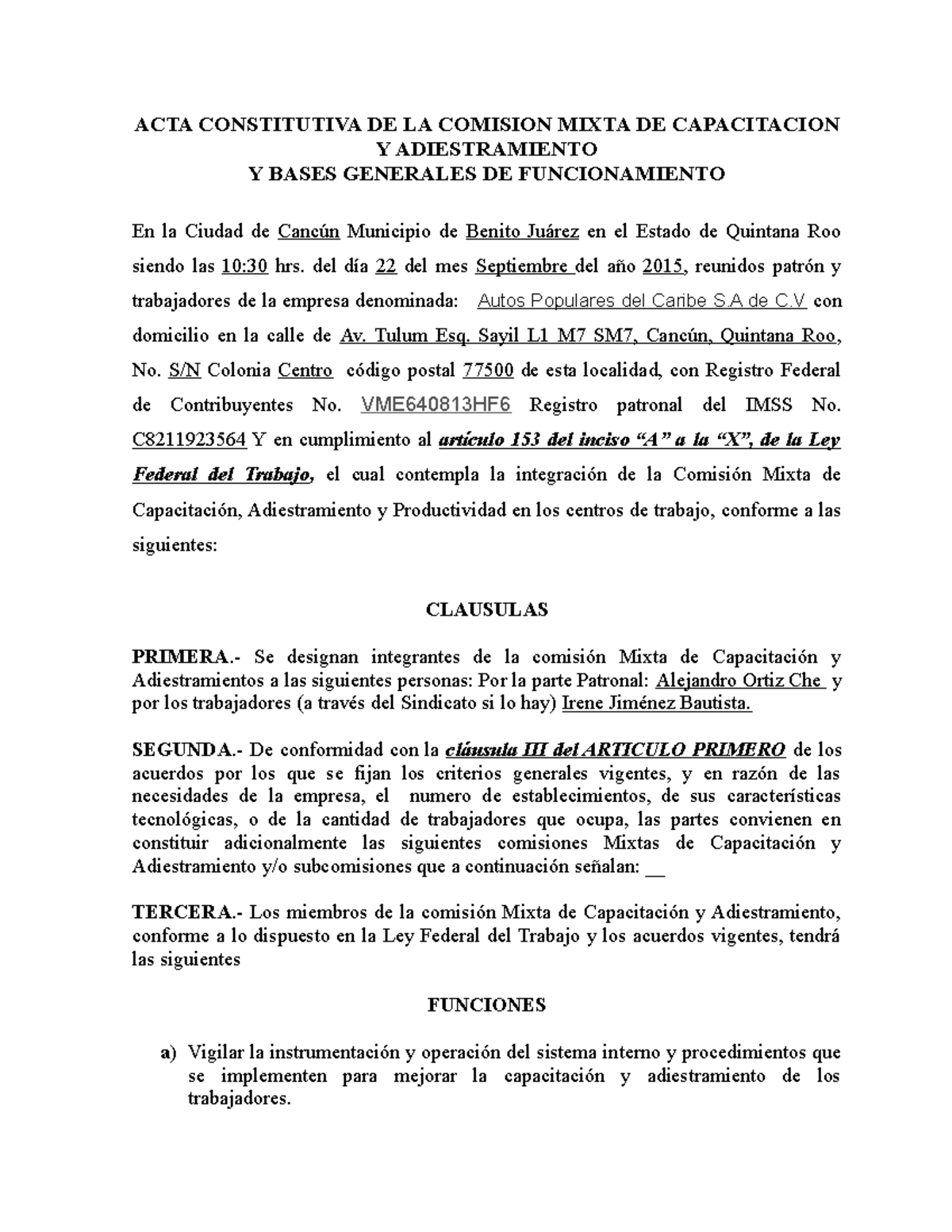 ACTA Constitutiva DE LA Comision Mixta D - ACTA CONSTITUTIVA DE LA COMISION MIXTA DE ...