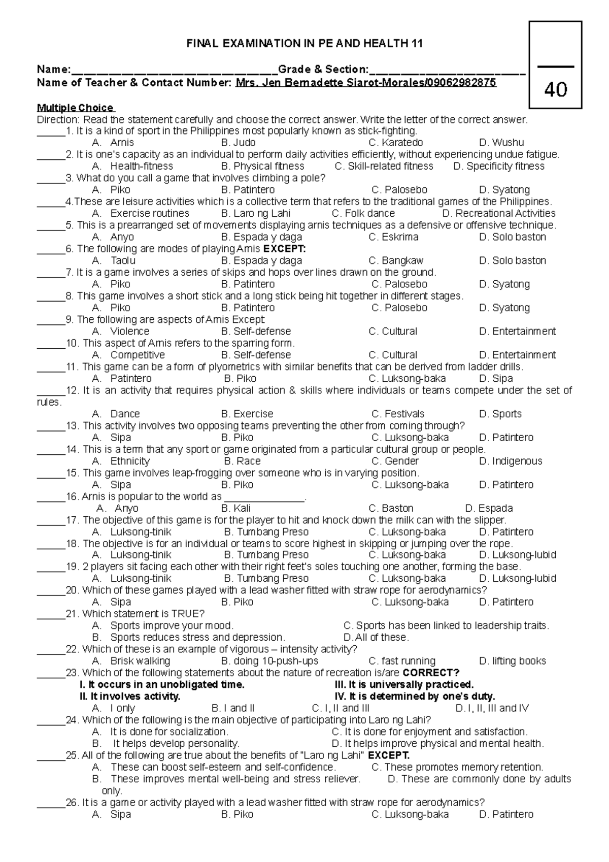 G11 PE & Health Final Exam Questionnaire and Table of Specs - Studocu