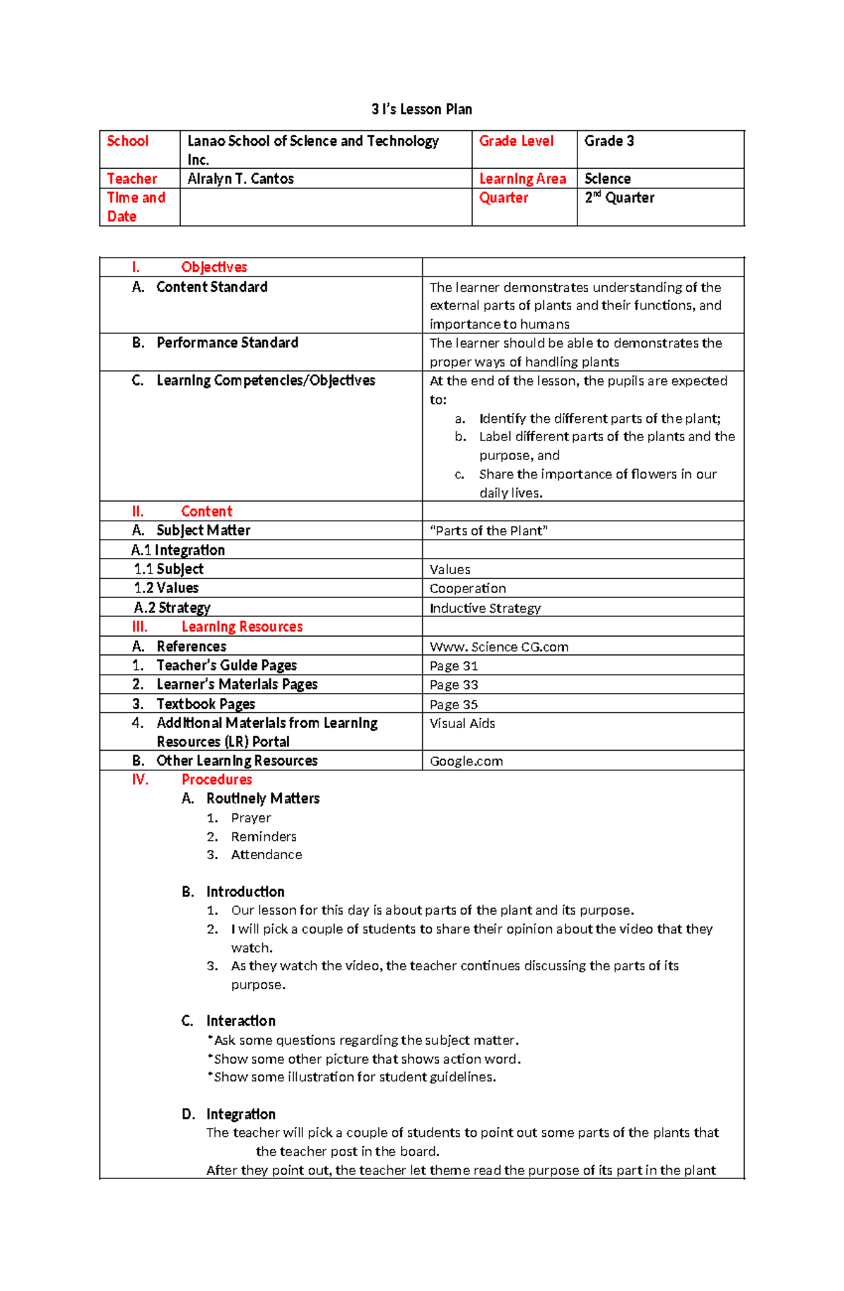 3 Lesson Plan for Grade 3 Science: Parts of Plants and Their Functions ...