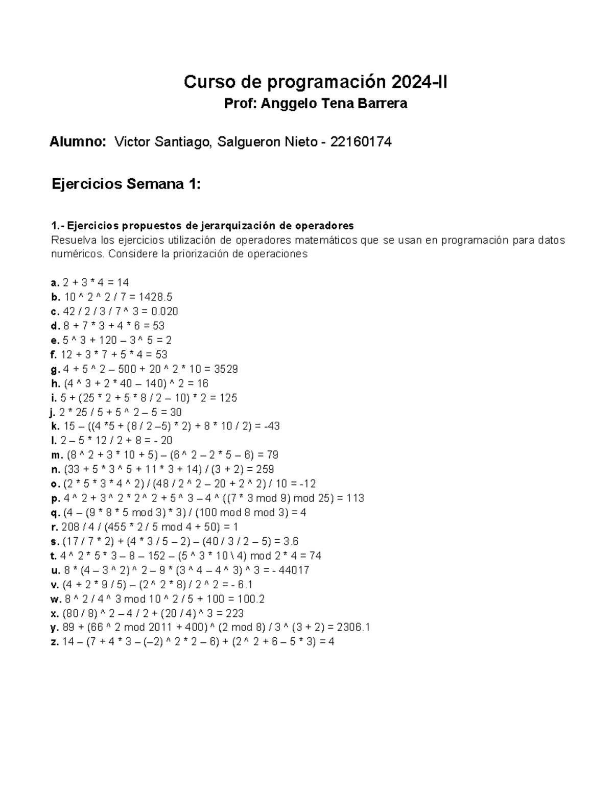 Ejercicios de Práctica para Programación - Semana 1 (Curso 2024-II) - Studocu