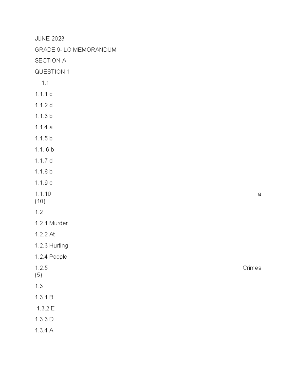 2023 JUNE - Grade 9 LO Memorandum Section A & B Answers - Studocu