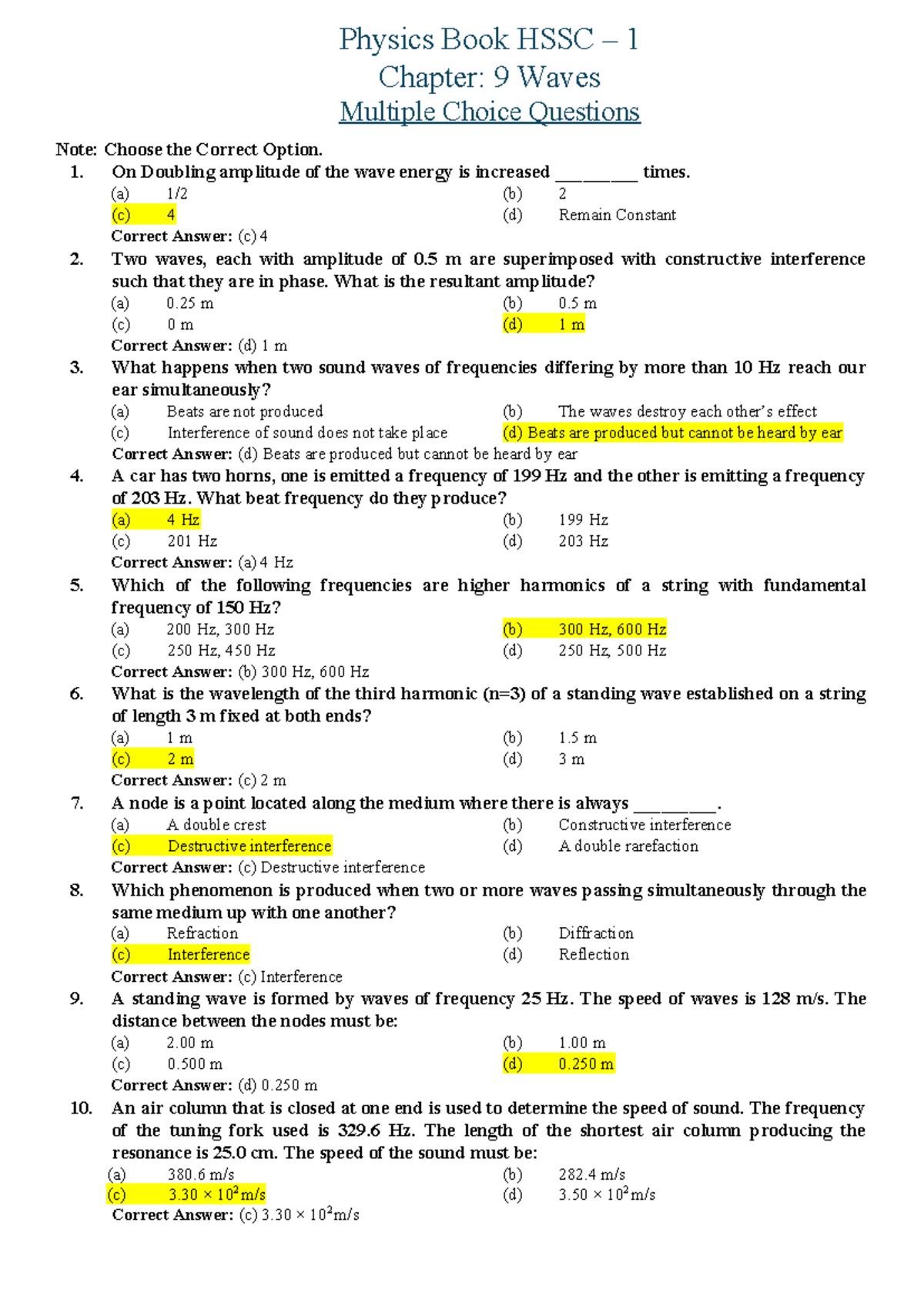 PHY-I CH-9 Waves MCQs and Short Answer Notes - Studocu