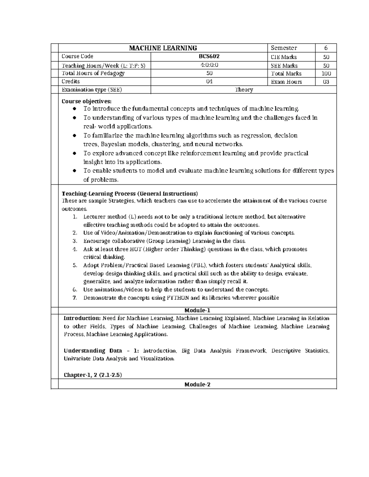 ML-BCS602 - Machine Learning Syllabus for Semester 6 - Studocu
