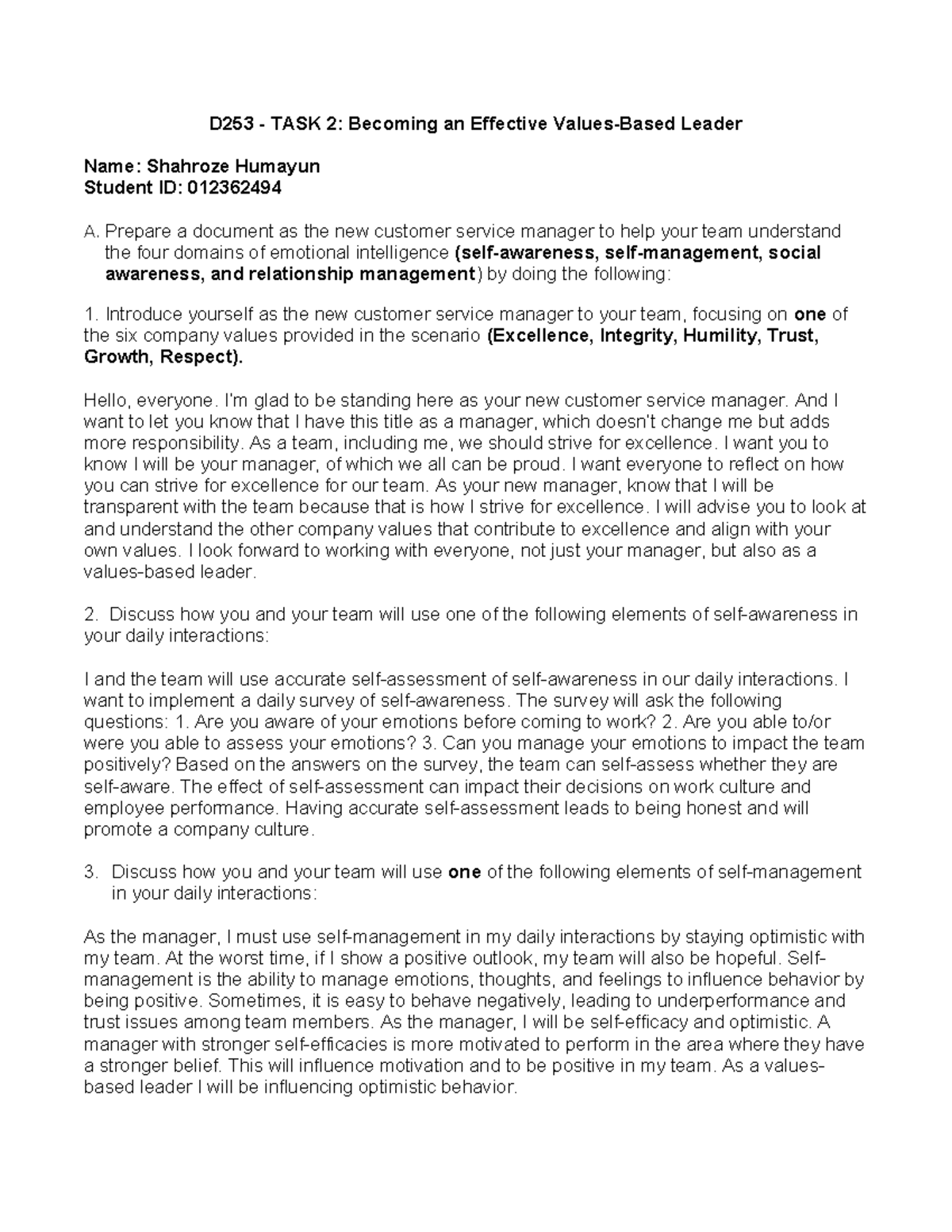 D253 Task 2: Strategies for effective leadership and emotional ...