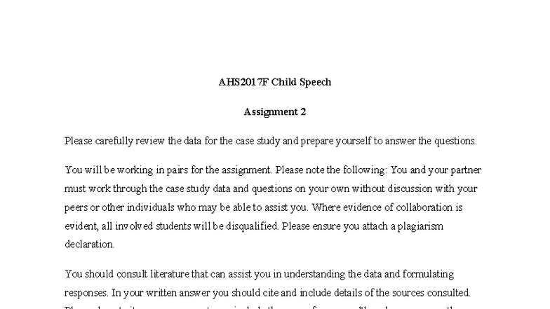 AHS2017F Child Speech Case Study Assignment 2: Mia's Evaluation and ...