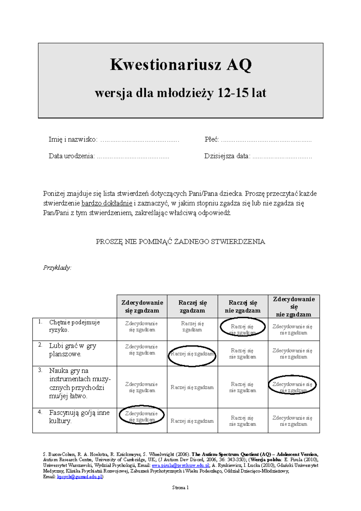 AQ Adolescent Polish - Test Przesiewowy ASD dla Młodzieży - Studocu