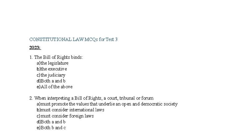 CONSTITUTIONAL LAW MCQs for Test 3: Comprehensive Review - Studocu