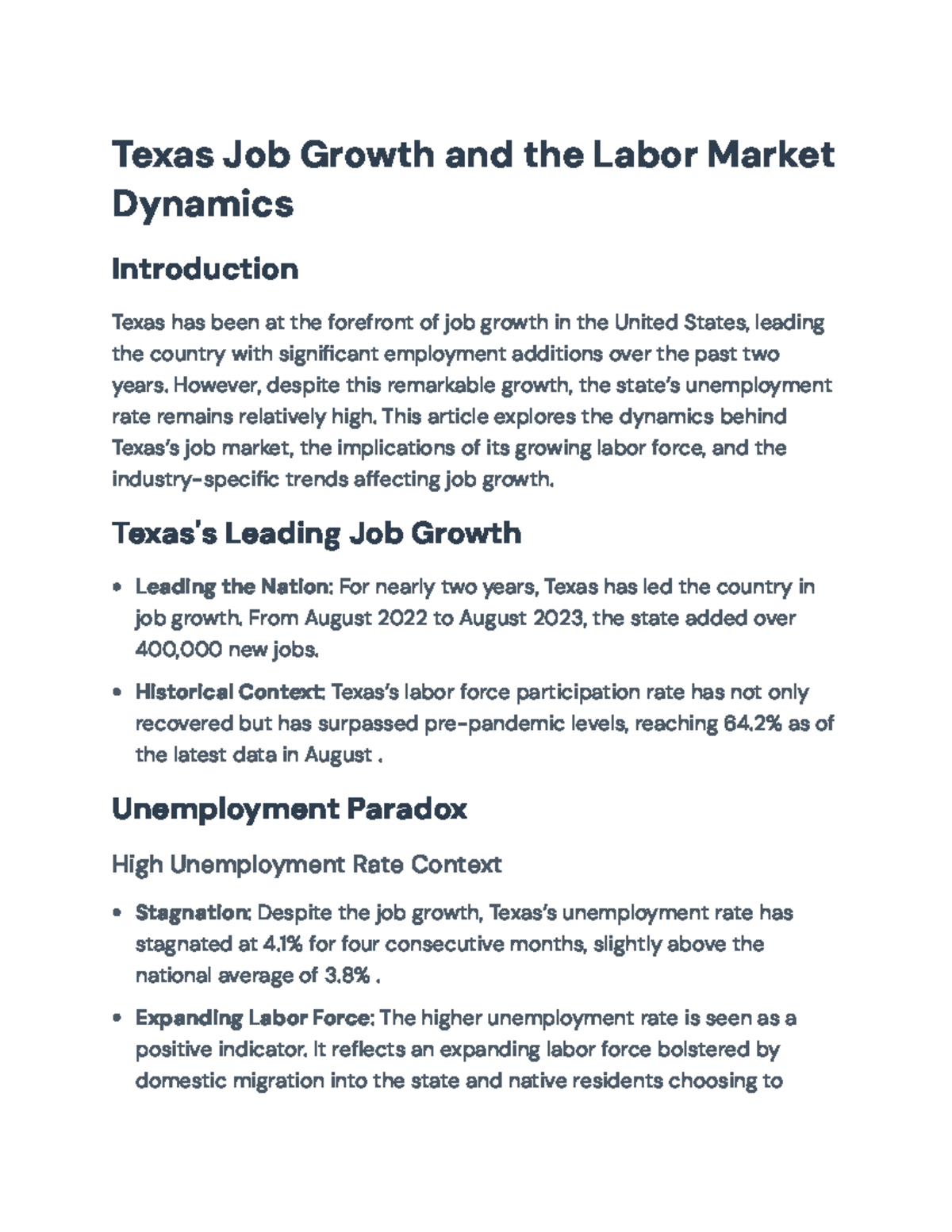 Texas Job Growth and Labor Market Dynamics: Trends and Challenges ...
